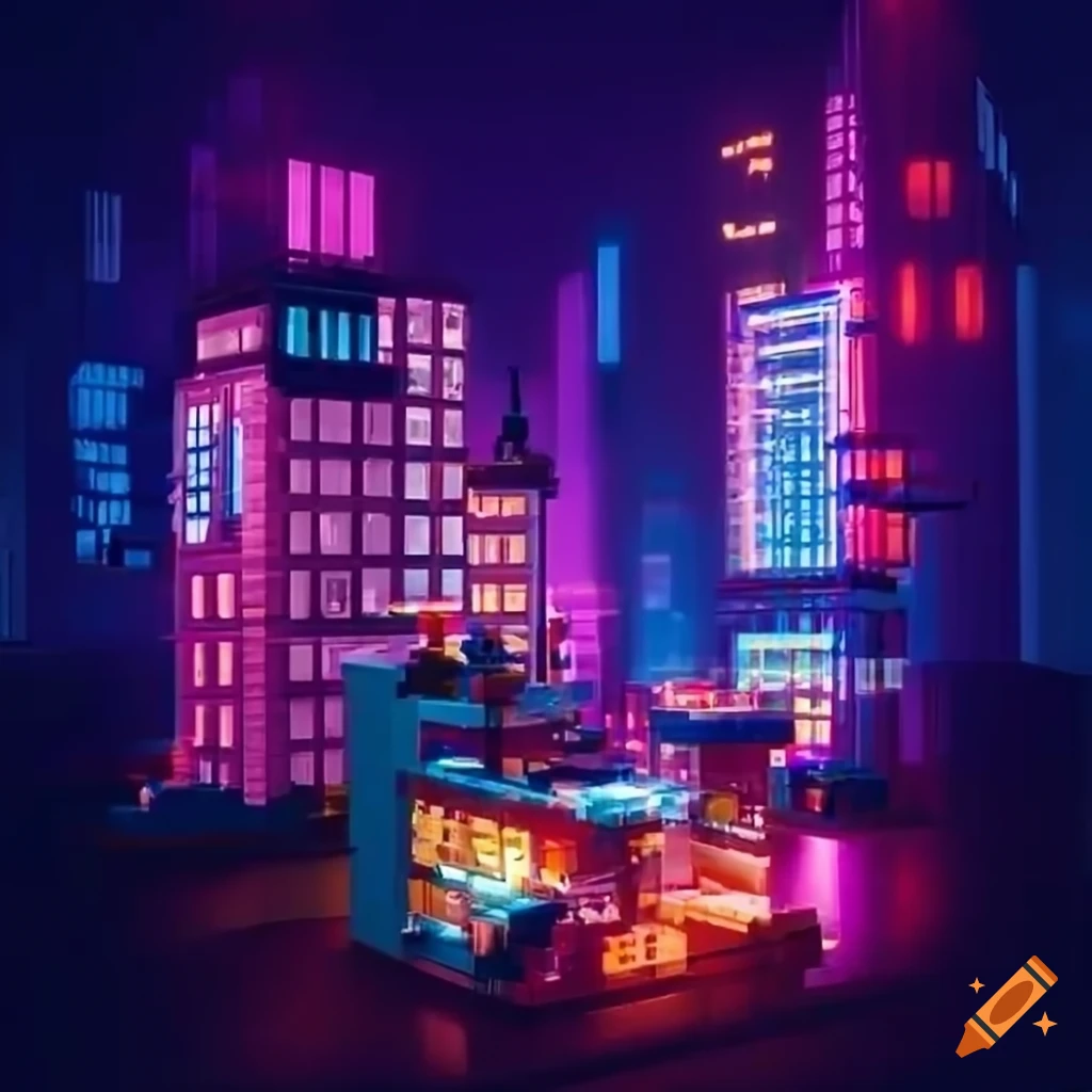 Lego cityscape with futuristic cyberpunk buildings and neon lights
