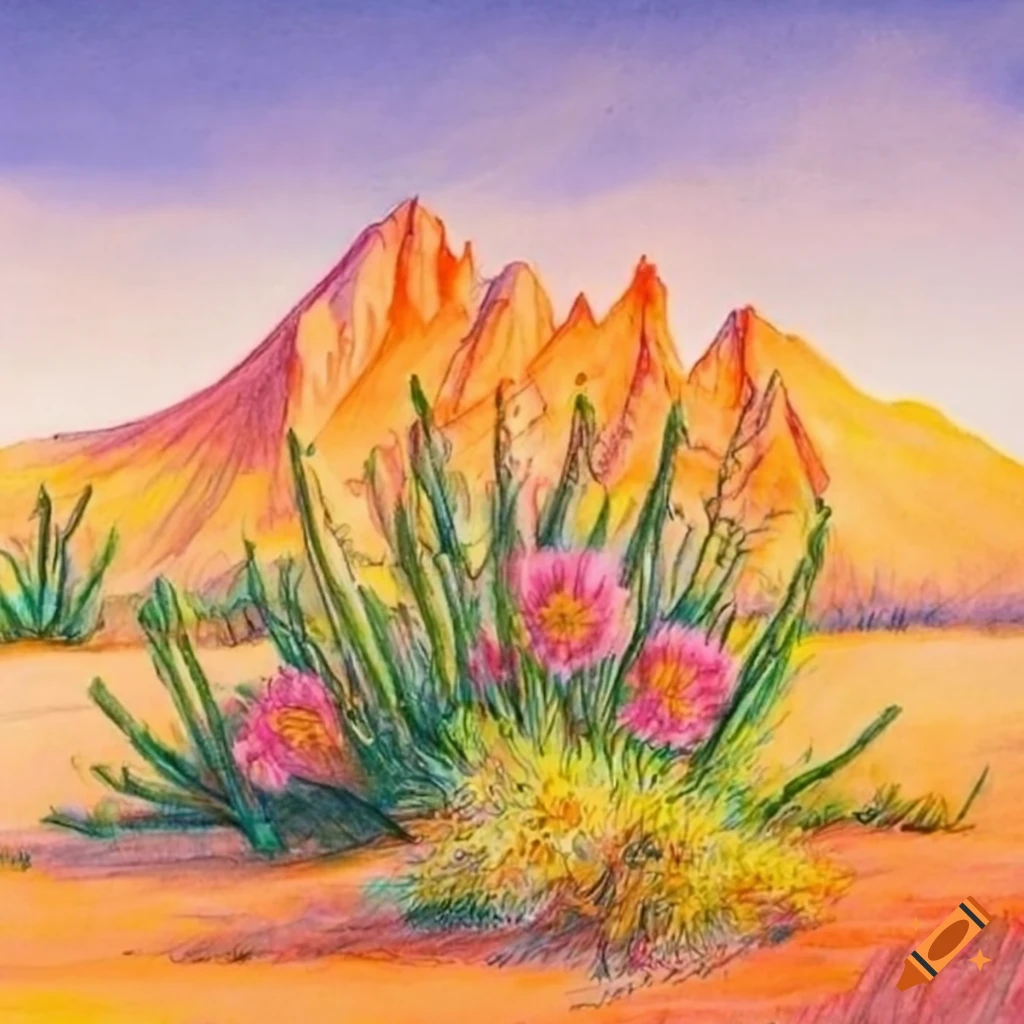 A vibrant vista view color pencil drawing of a desert in bloom on Craiyon