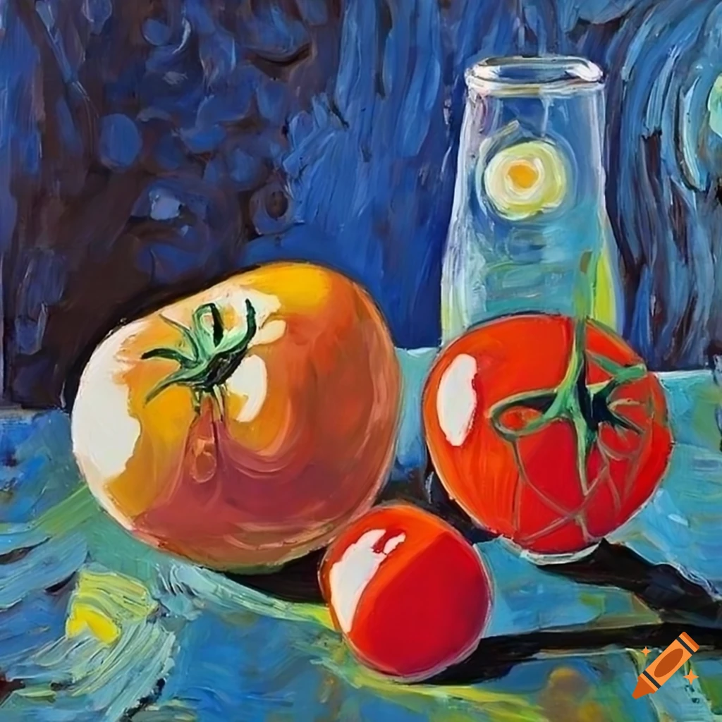 Glass and tomatoe, abstract still life painting, style Picasso kubistic ...