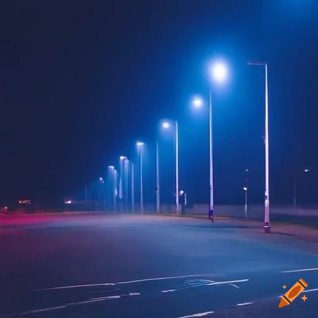 Real life, very vibrant, blue camera filter, street lamps, shining in ...