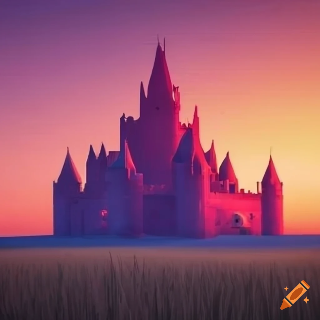 Liminal space with small pink castle, grass field, sunset, and a pool ...