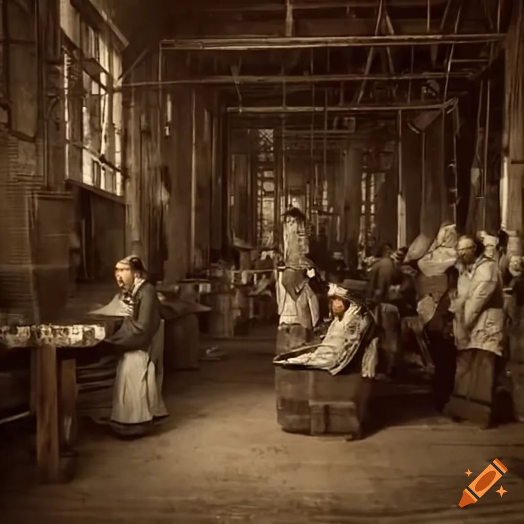 1800's cotton mill full of overworked factory floor workers
