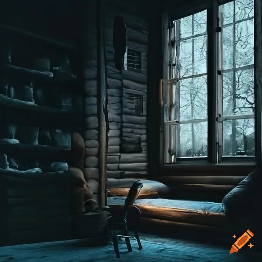 Modern, log cabin, window, interior, winter, dark on Craiyon