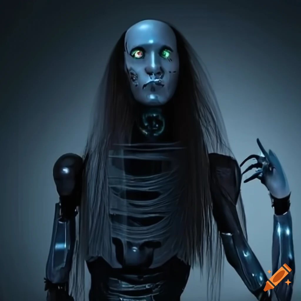 Evil male humanoid robot with long hair on Craiyon