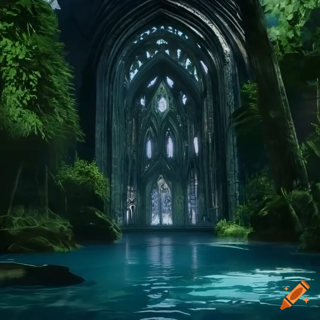 A mystic cathedral filled with crystals, pond, lush vegetation, stone ...