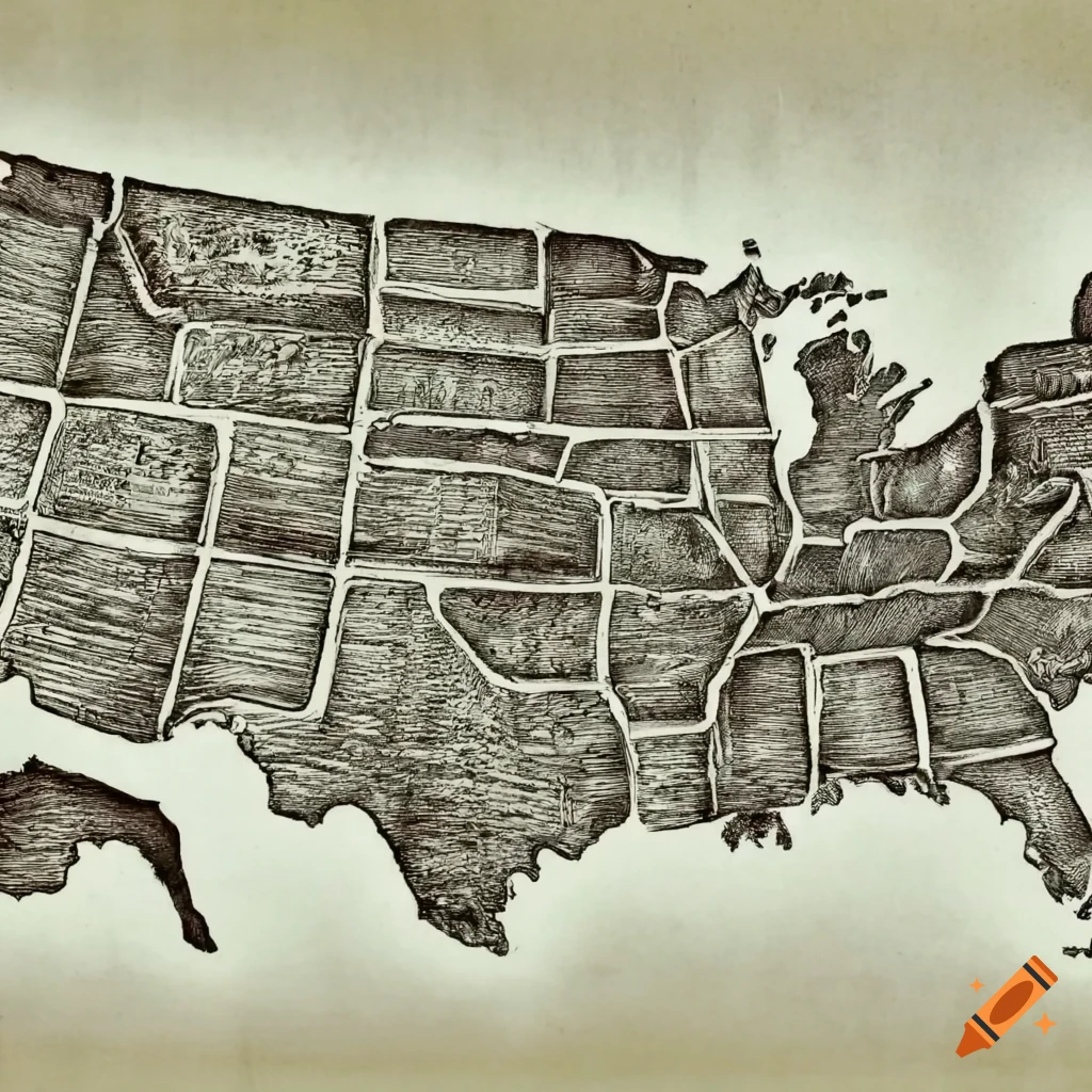 Old sketched map of the united states pencil