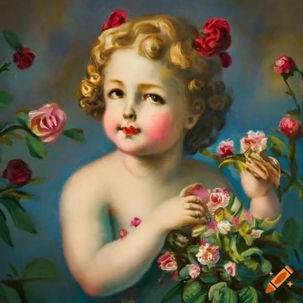 A serene cherub with wings among blooming roses, inspired by monet on ...