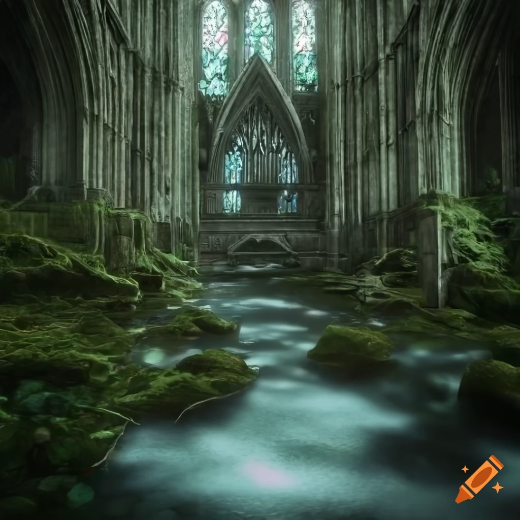 A mystic cathedral made of stone overgrown with moss with flowing water ...