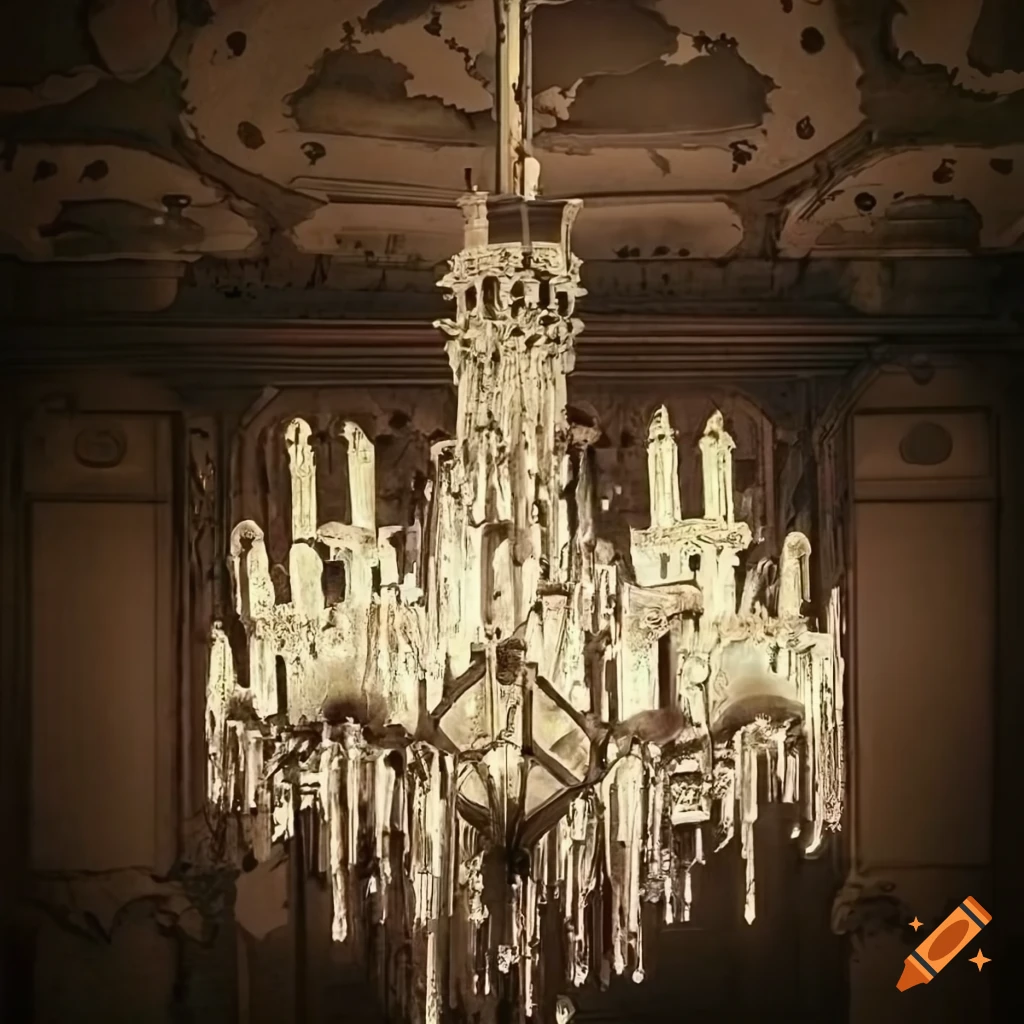 Illustrate a decaying chandelier hanging from the ceiling, its ...