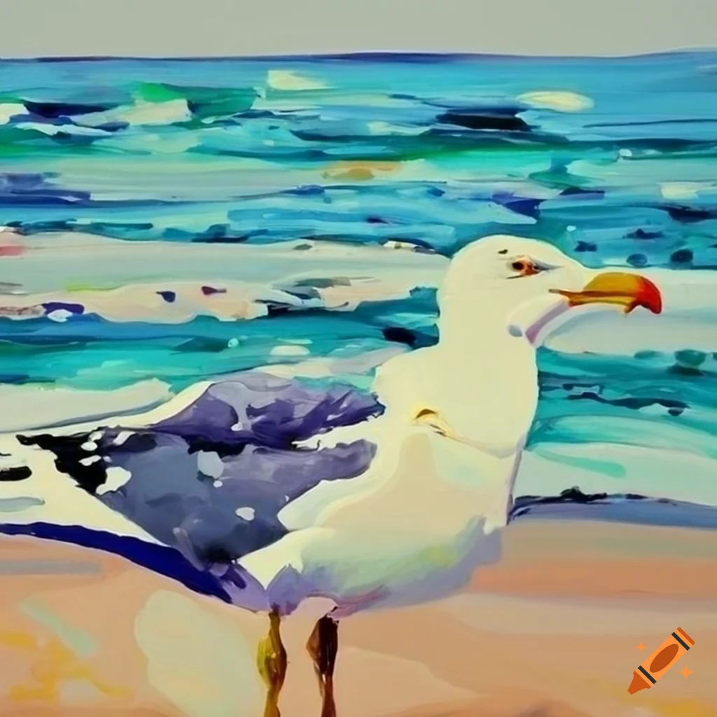 Abstract painting of seagull at beach