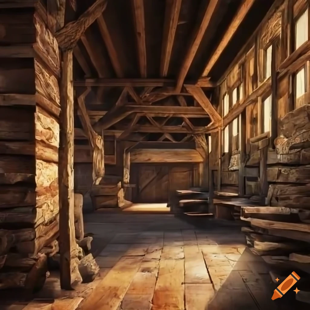 Lumber mill, interior, saw mill, catwalk, view from above, dirt floor ...