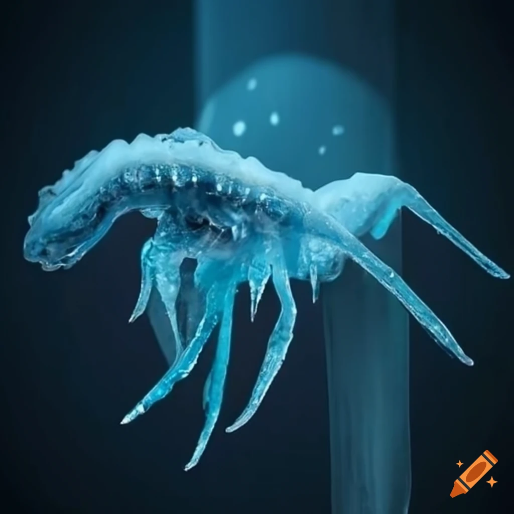 A thin, lean ice insect monster made of thin transparent icicles. it ...