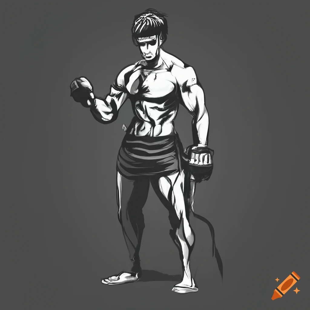 Mma fighter, full body, black and white, comic style, red lightning ...
