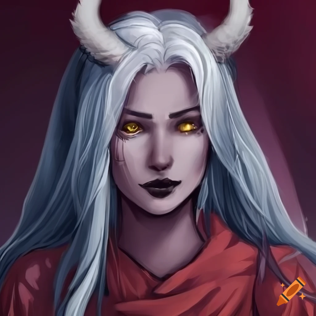 Tiefling lady with dark red skin long white hair with a black streak ...