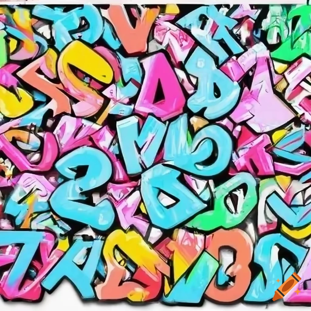 A set of 50 separate unique graffiti letters representing a fictional language on Craiyon