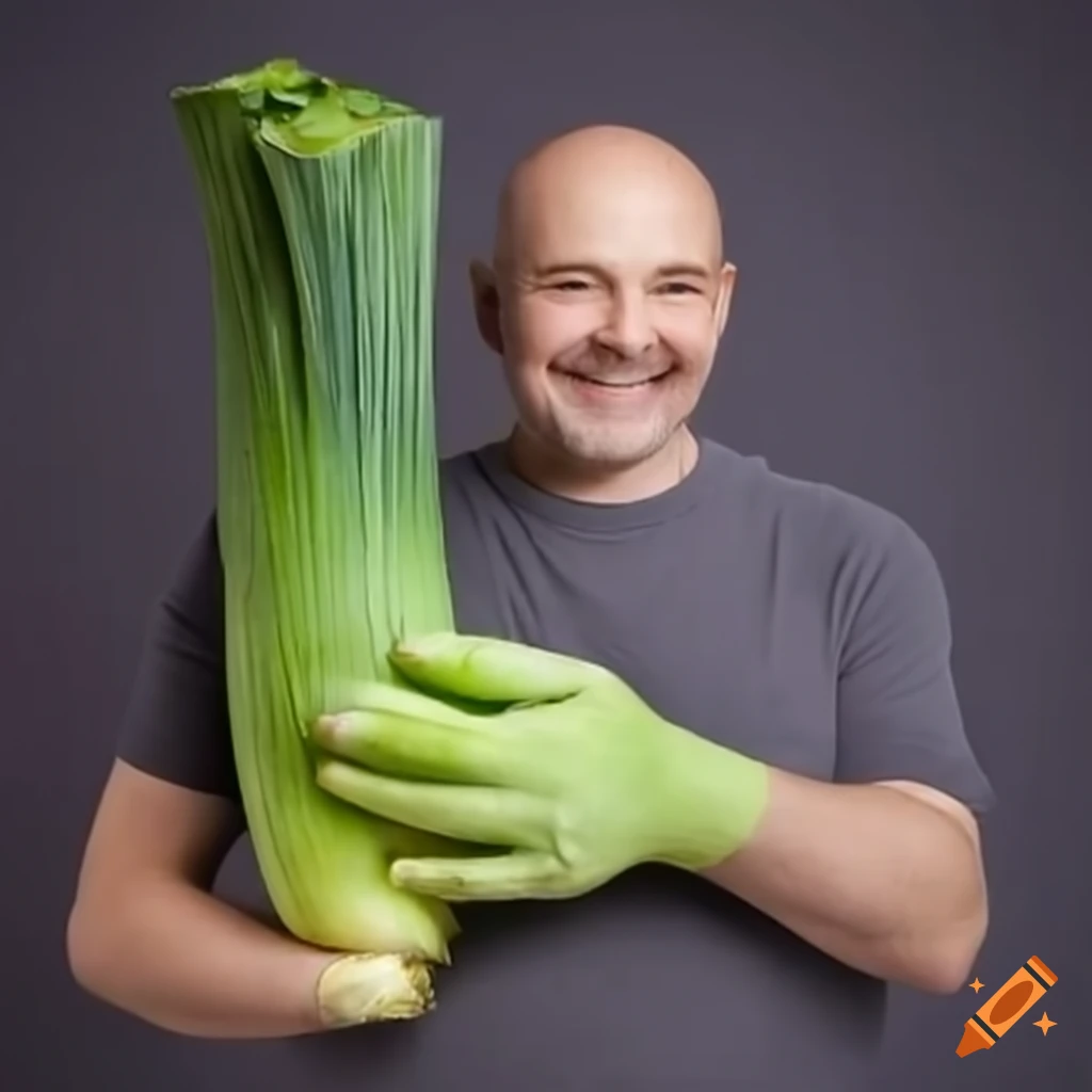 Smiling man holding a giant leek on Craiyon