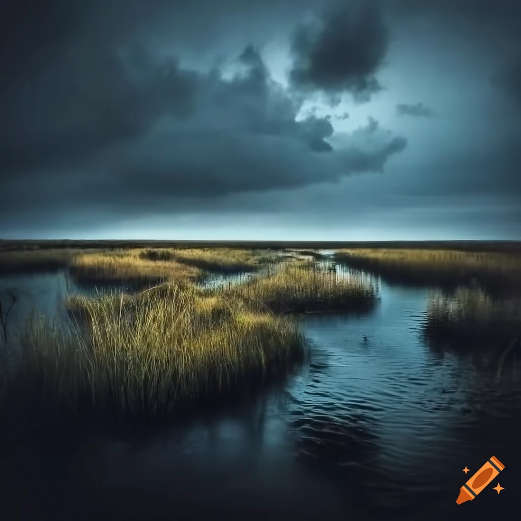 On wild floodplains and marshes dark sky illuminated stormy sky gloomy ...