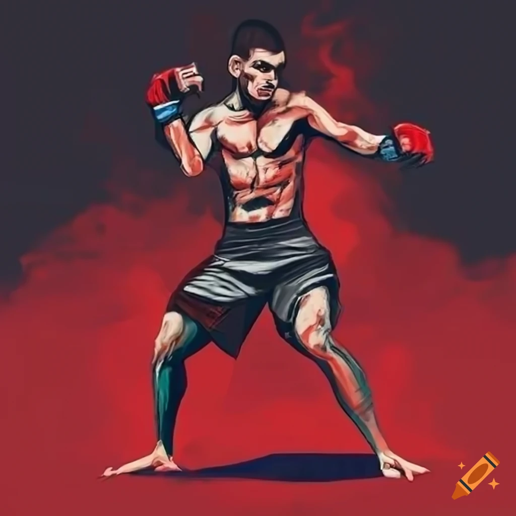 Mma fighter, full body in attacking stance, black colour, red abstract ...