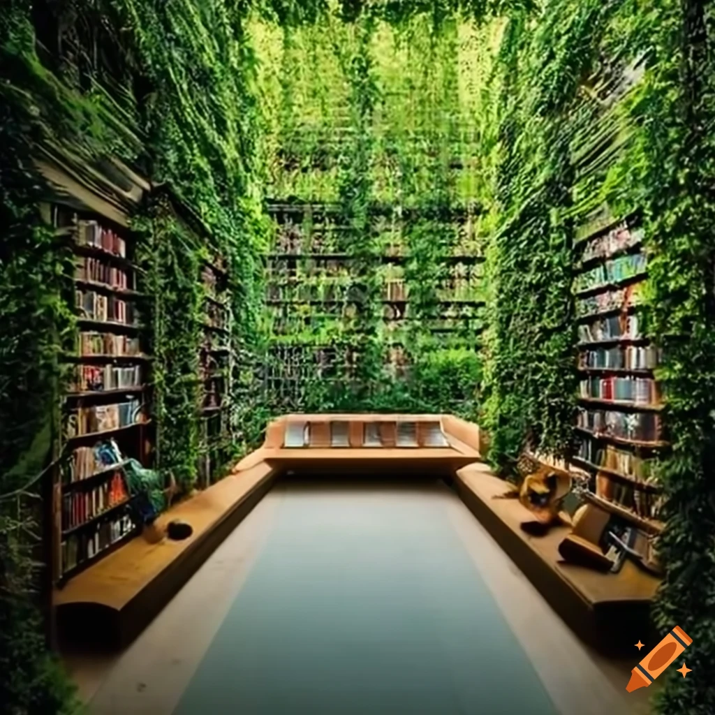 A modern library with a garden in the middle that has hanging vines on ...