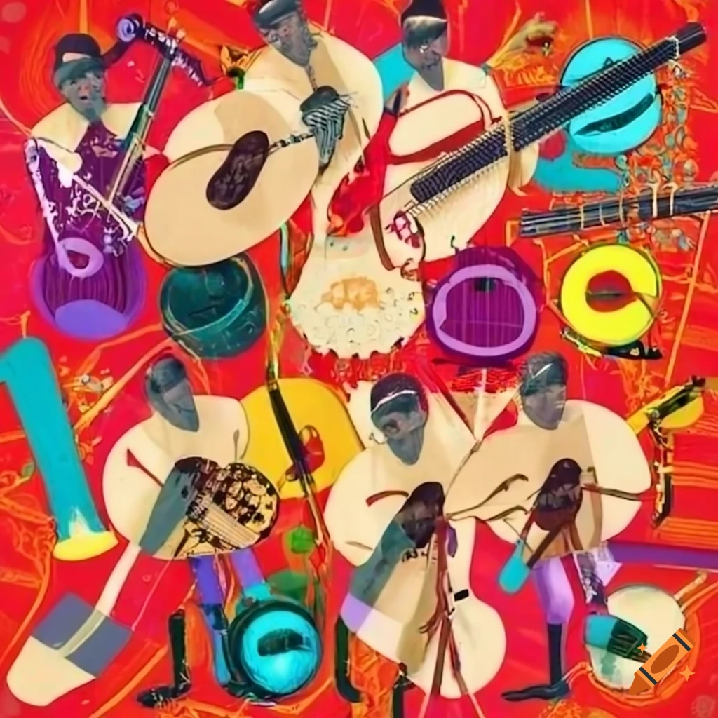 A vibrant collage of musical instruments representing diverse latino genres