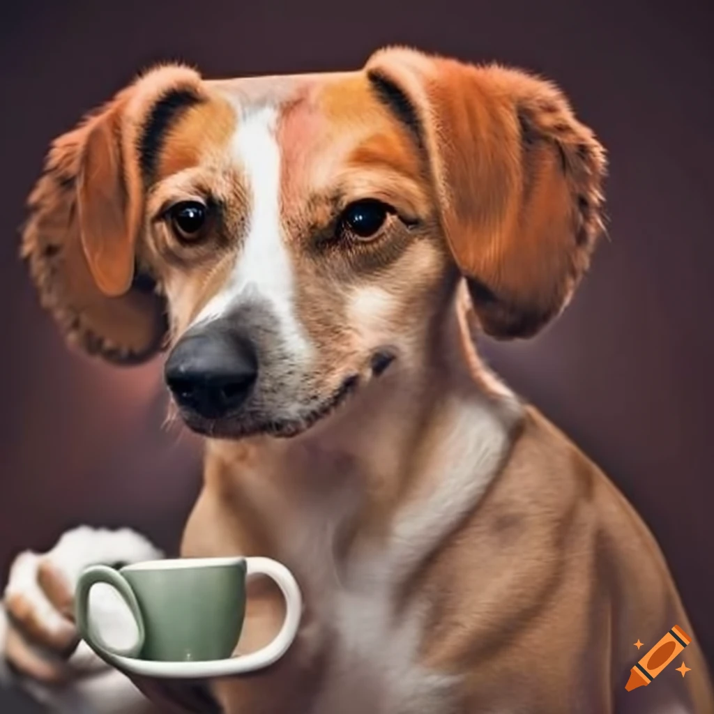 A dog holding a cup