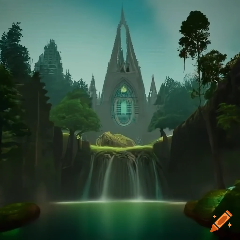 Multi-level mystic cathedral and houses, lava fields, lush tropical ...