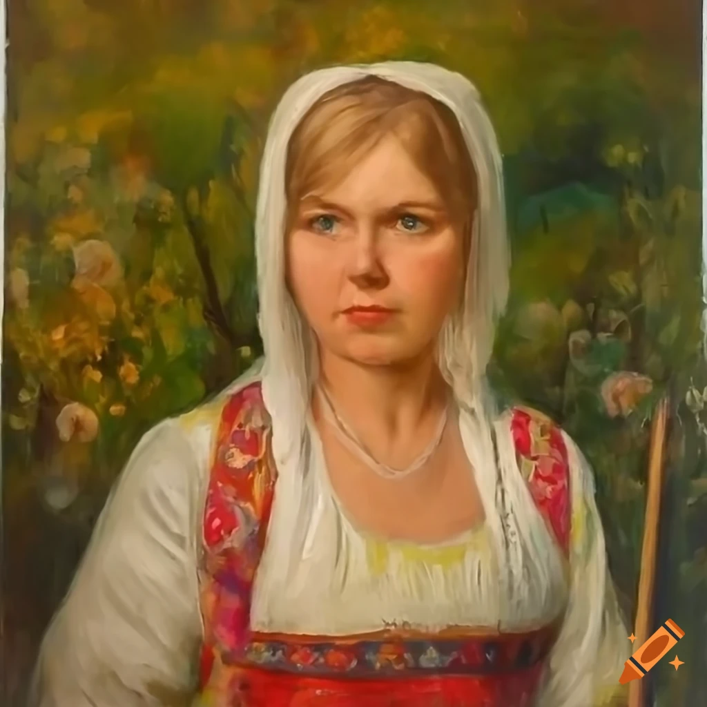 Russian peasant blond very beautiful woman in the sarafan and painted shawl. Close-up. Meadow ...