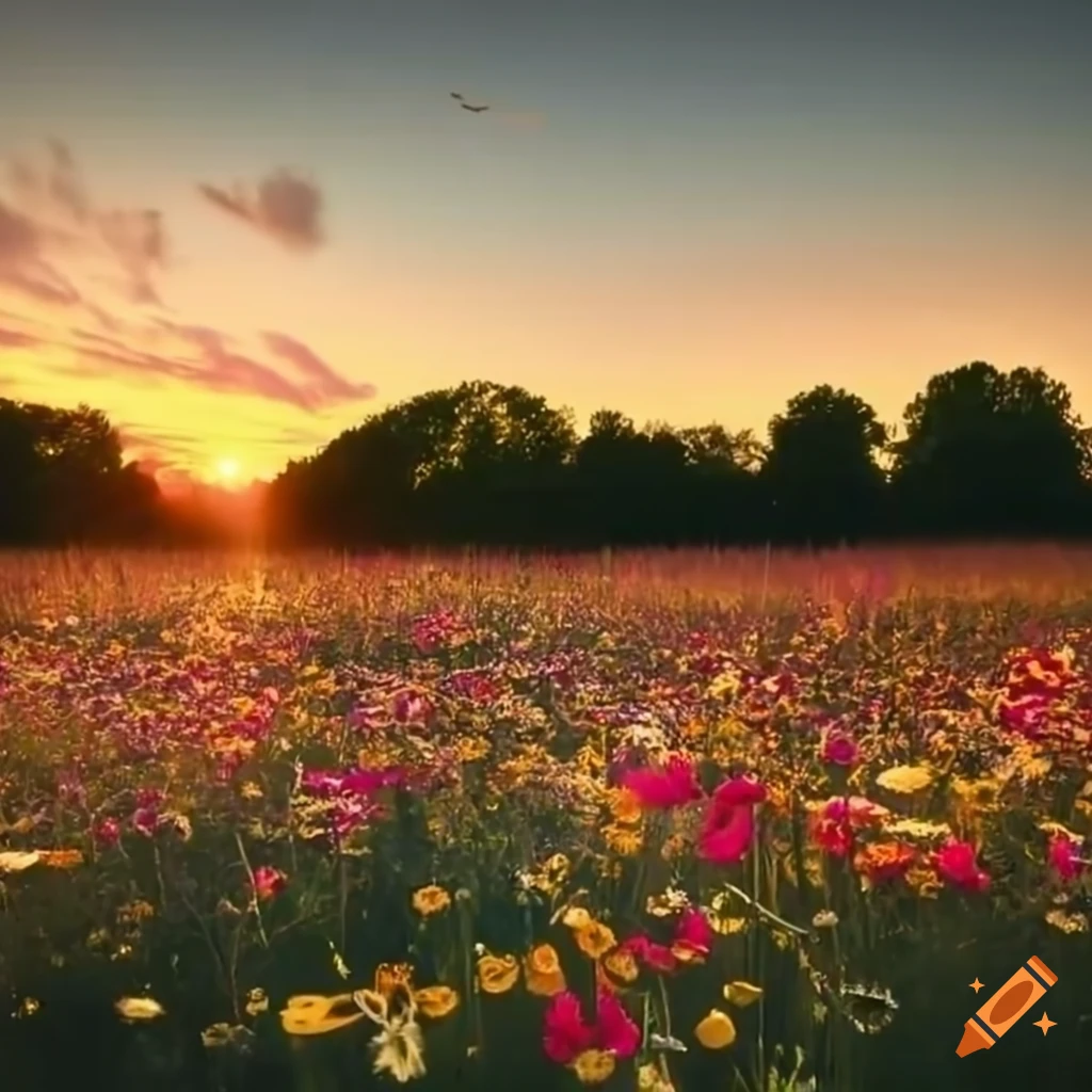 Flower field at evening on Craiyon