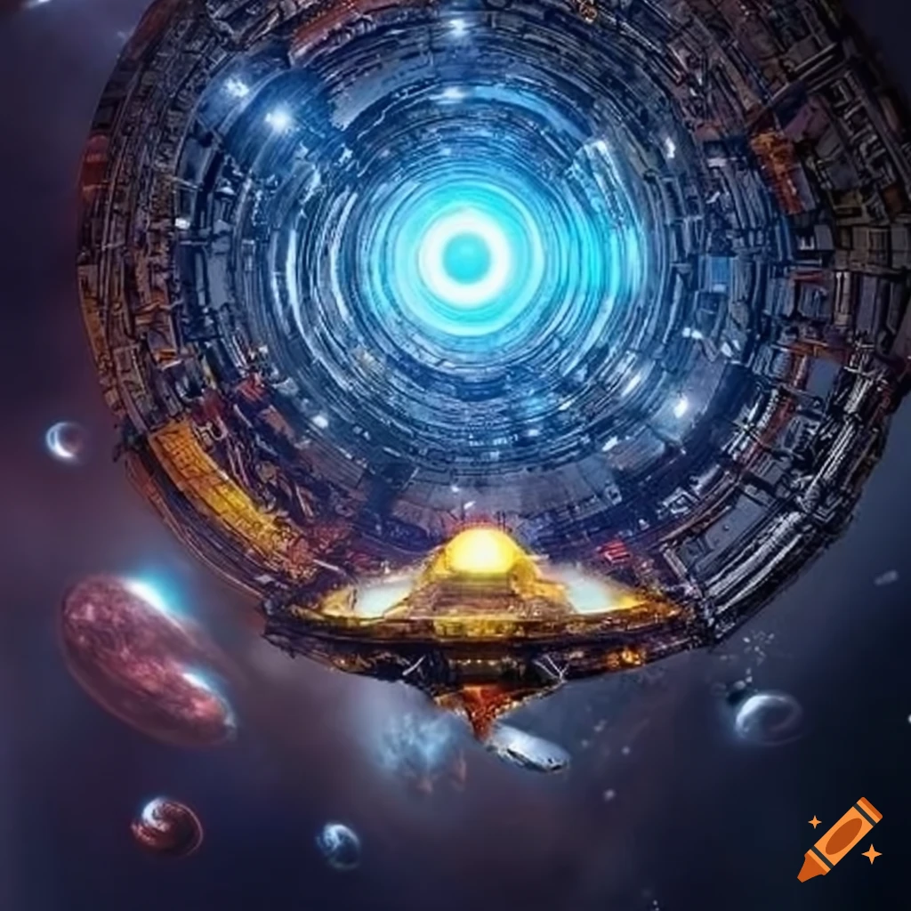 Large hadron collider with golden jeweled edge and ufo for an epic science fiction novel cover