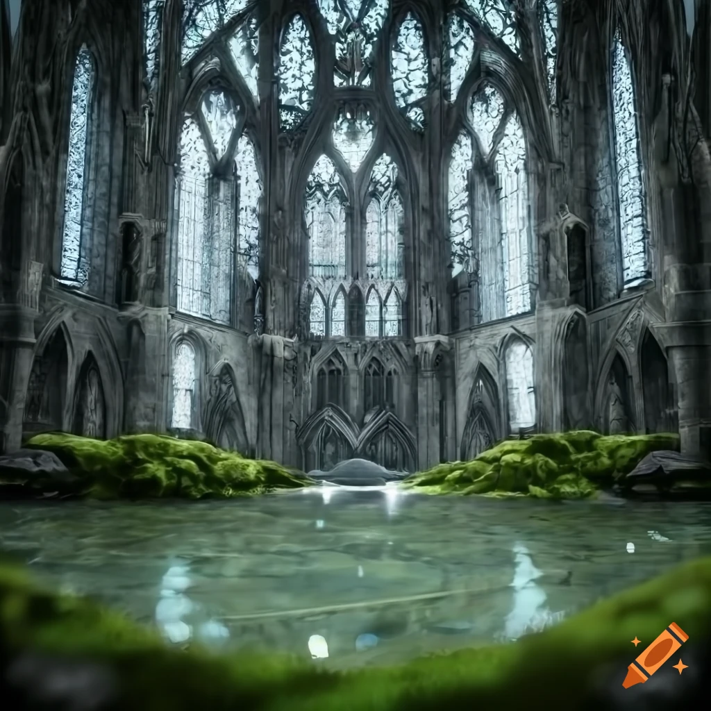 A mystic cathedral filled with crystals, pond, stone overgrown with ...