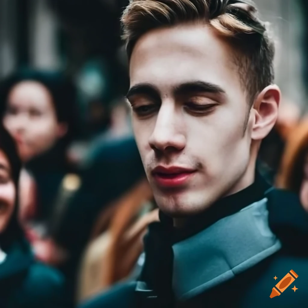 Street scene, urban, outdoors, handsome emotional man in a crowd