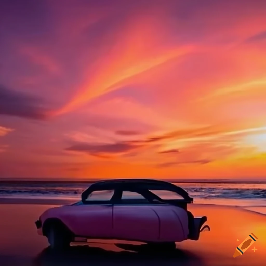 A sunset with a beach car