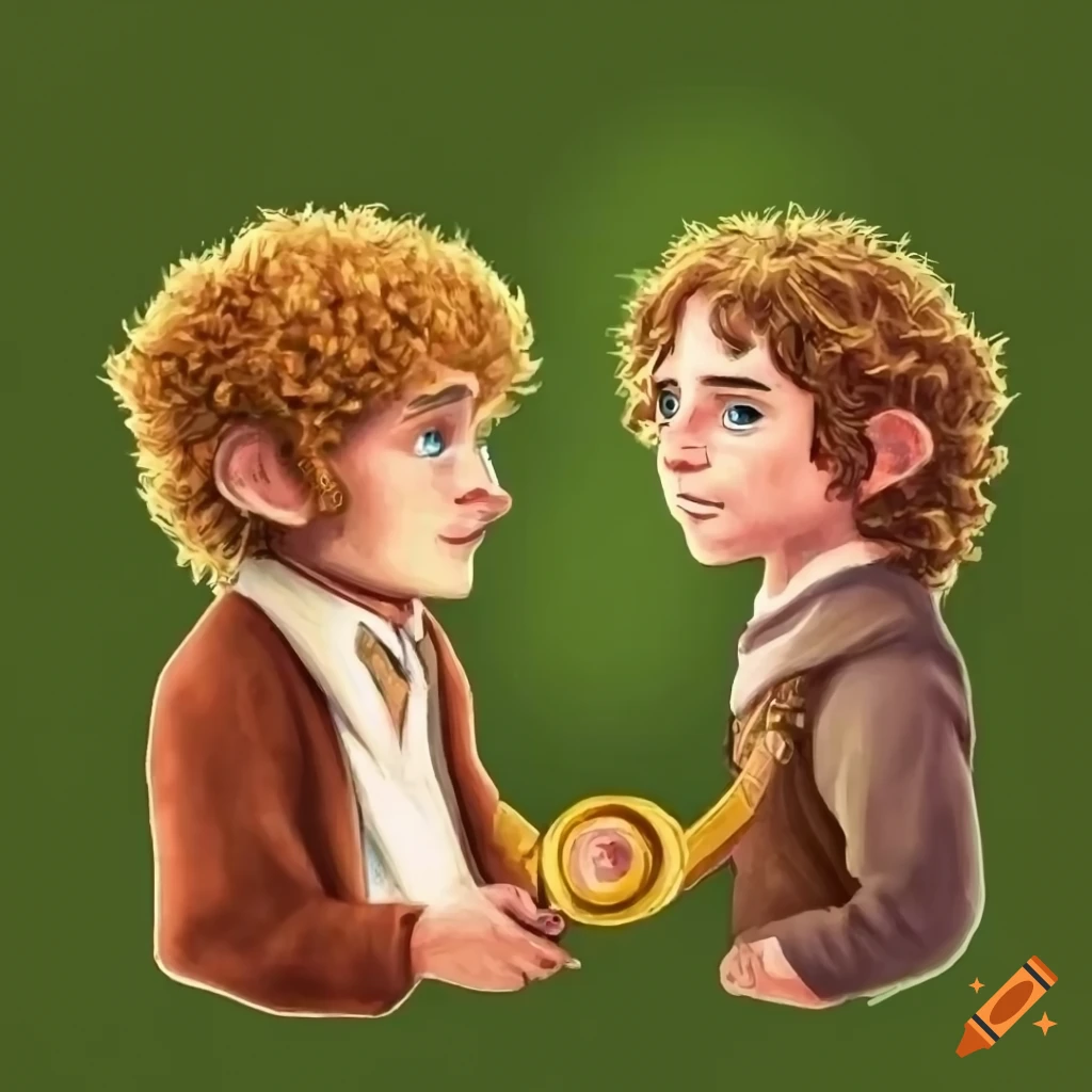 Childlike illustration of bilbo and frodo baggins with a golden ring