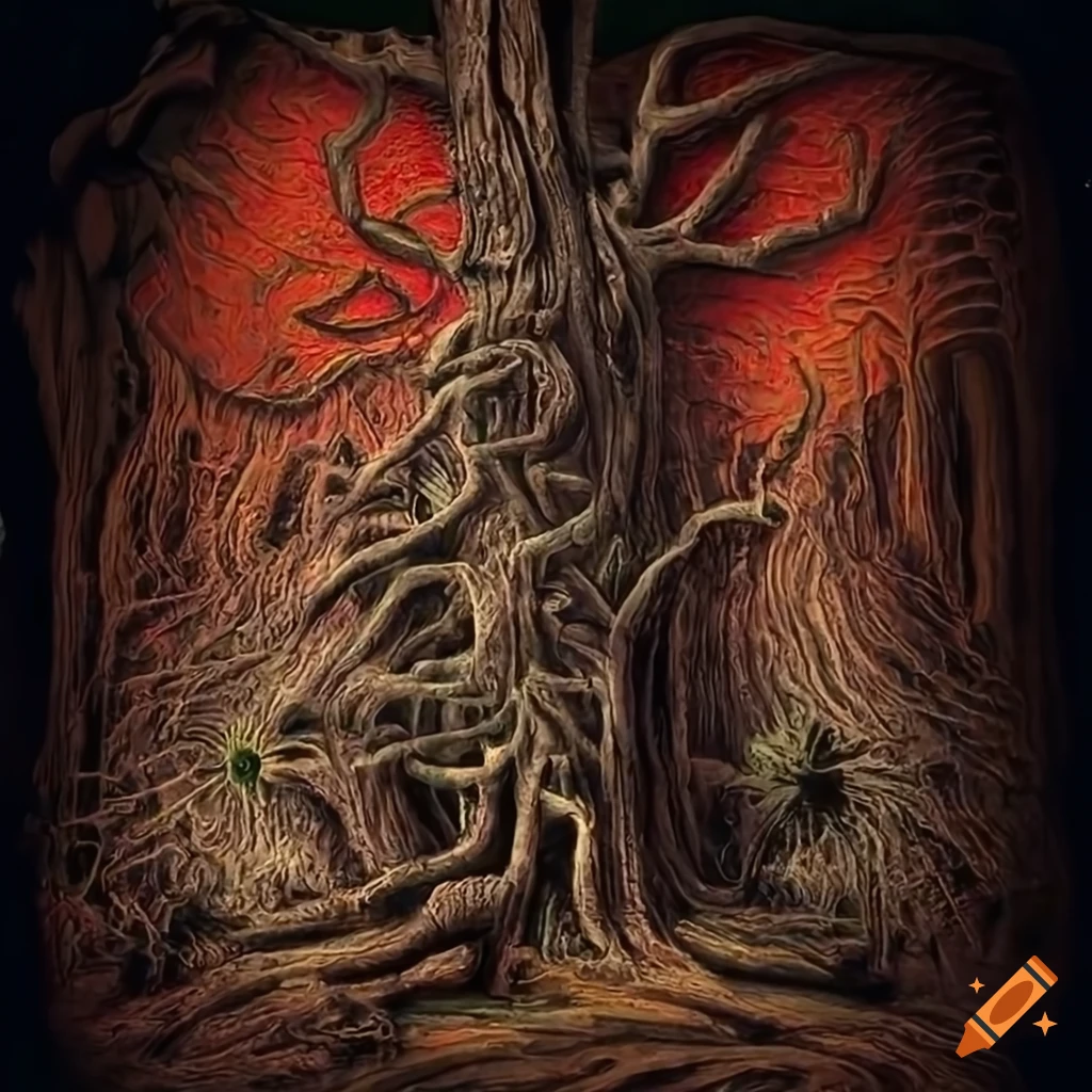 Totemic imagery carved into massive deadwood tree trunks and fallen ...