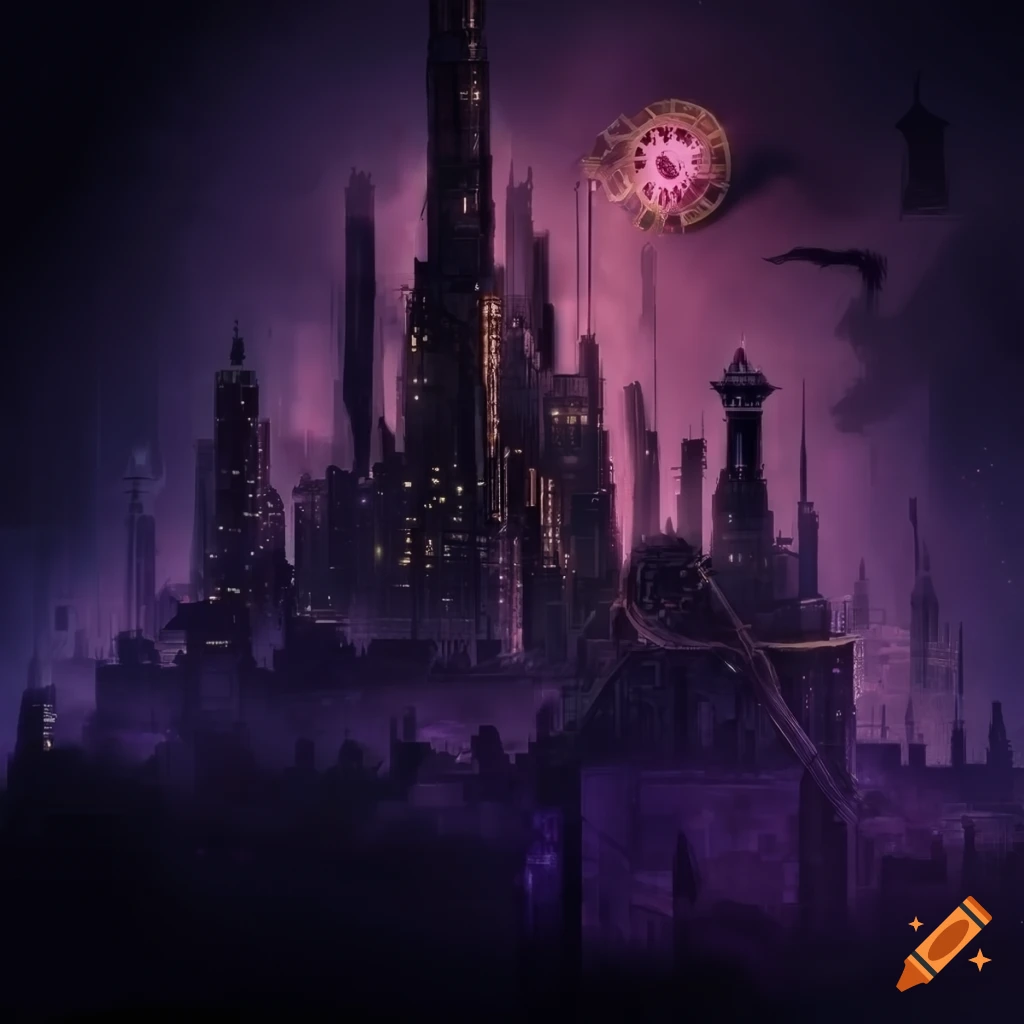 Dark night steampunk city with purple lights
