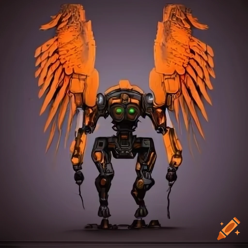 A futuristic mech-angel with black and orange color scheme