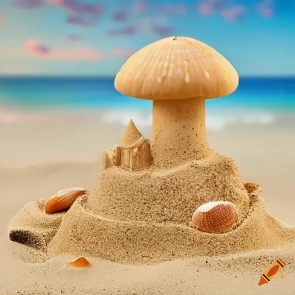 Beige sand castle in mushroom shape and shells on sand beach on Craiyon