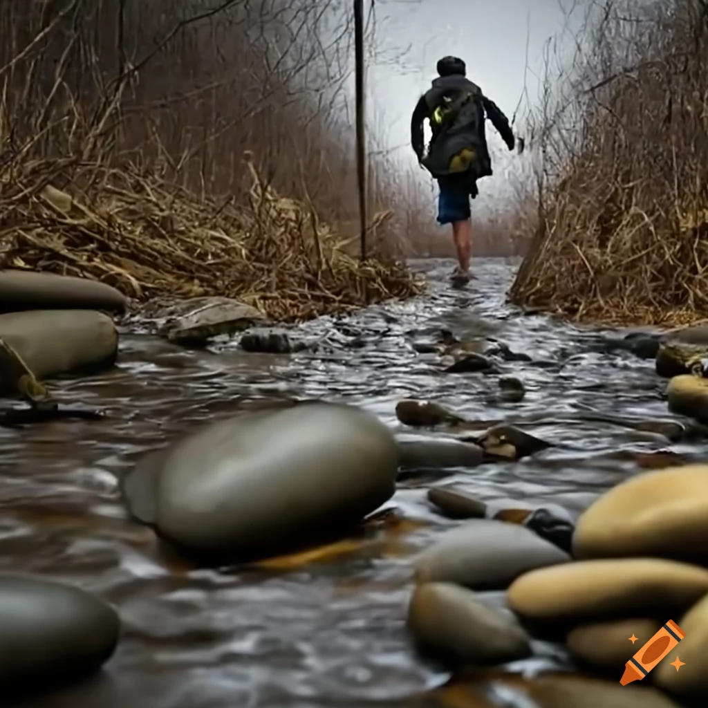 A narrow but deep stream is flooded by rain. several stones have been ...