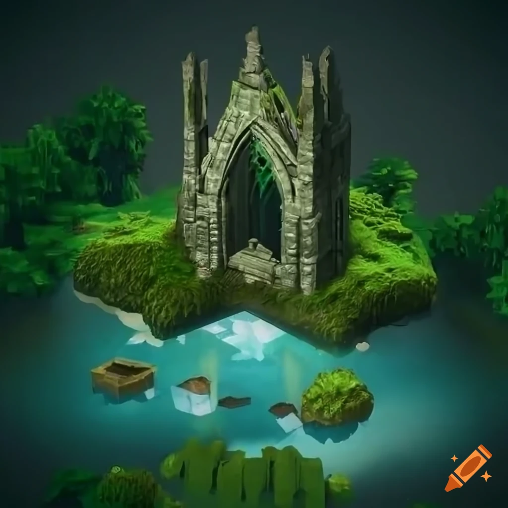 A moss-covered stone ruins in a fantasy RPG game forest fantasy grass texture isometric view ...