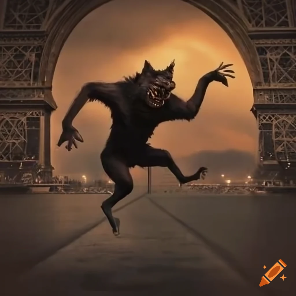 A picture from an werewolf jumping from paris arc of paris on Craiyon