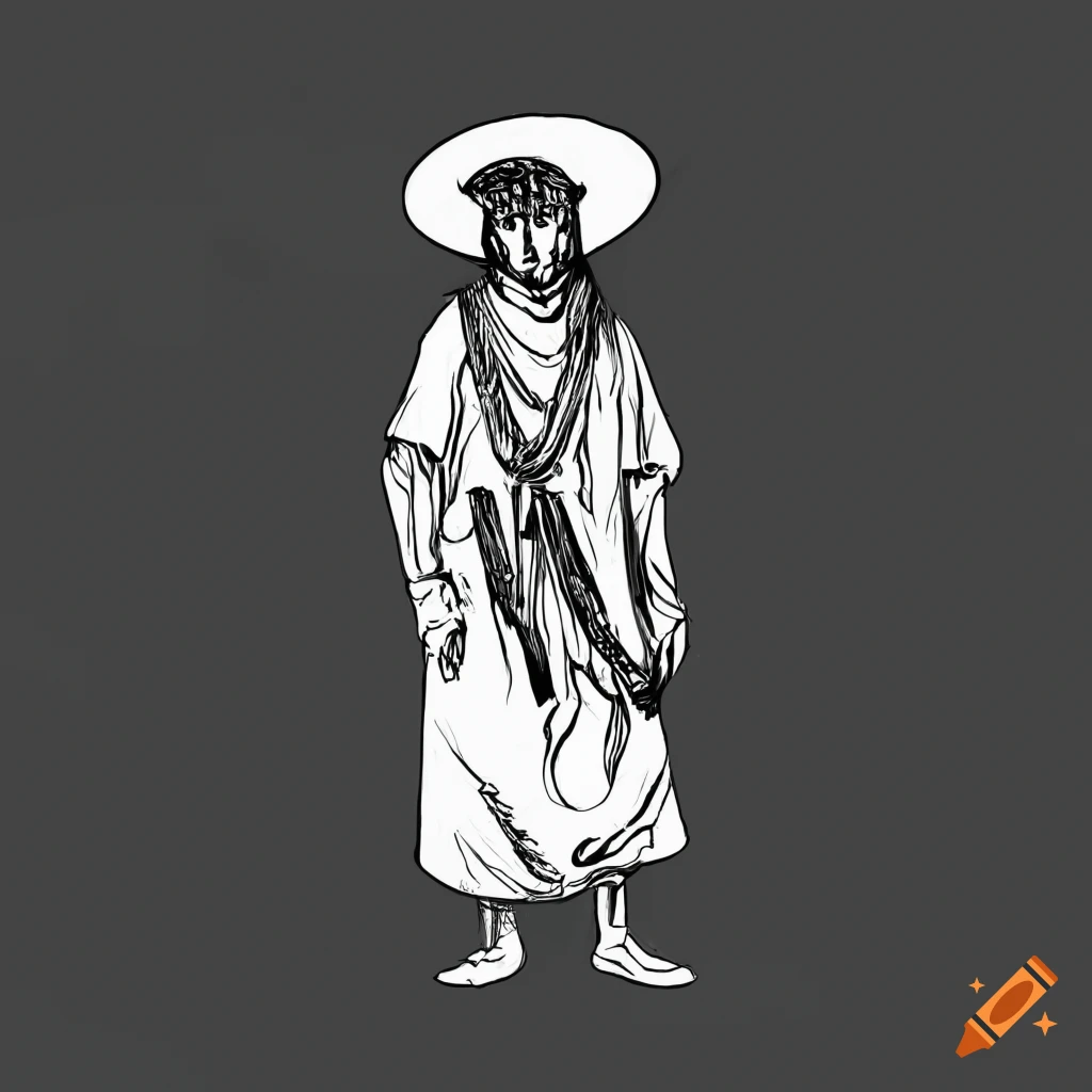 Simple black and white line art. desert nomad adult male wearing a wide ...