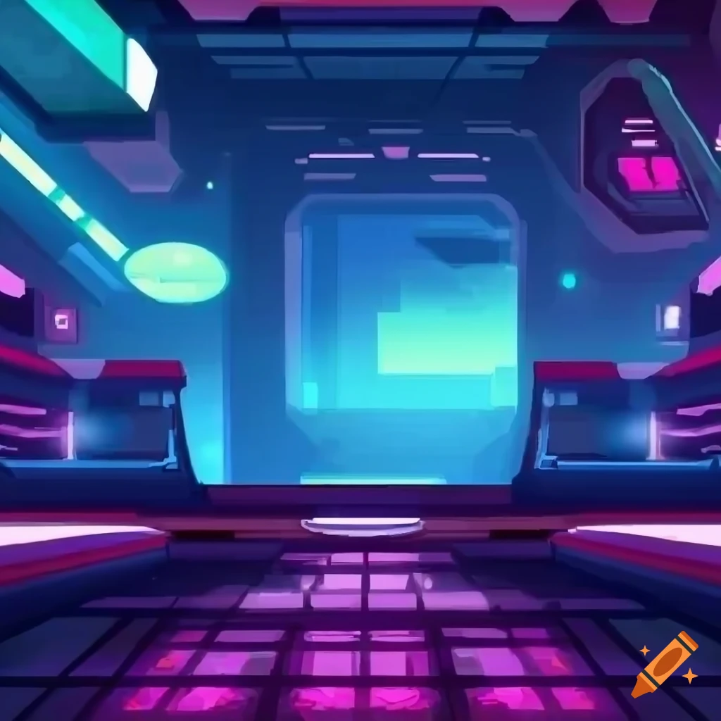 A large sci-fi interior room painterly pokemon battle background