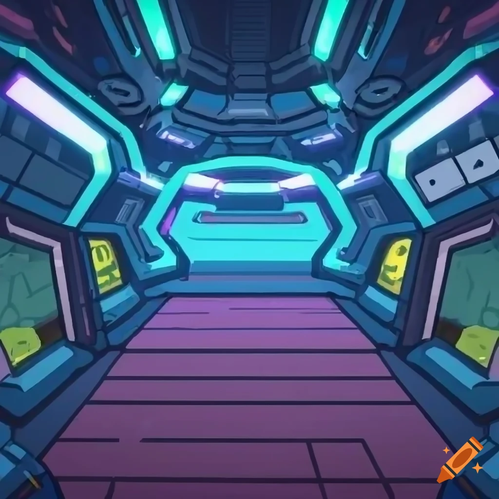 A large sci-fi interior room painterly pokemon battle background