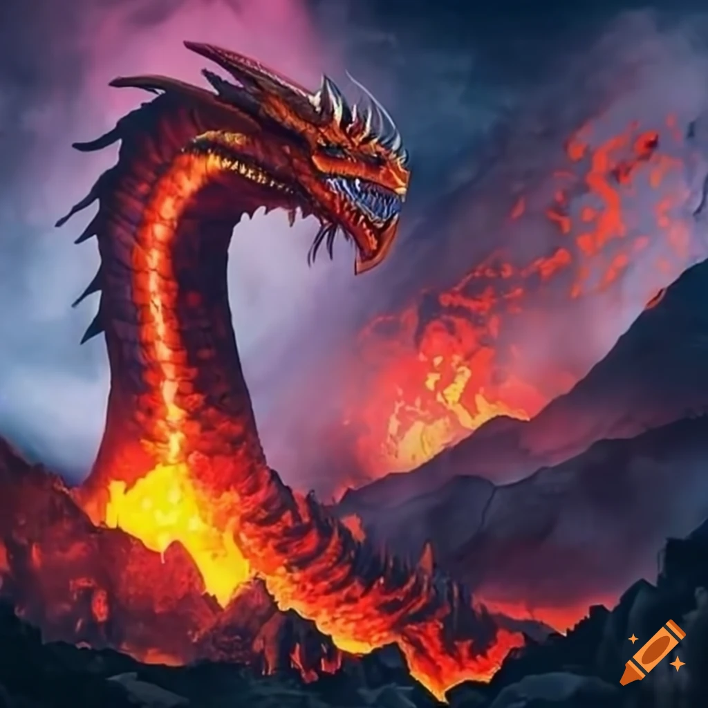 Mighty dragon in volcanic scenery