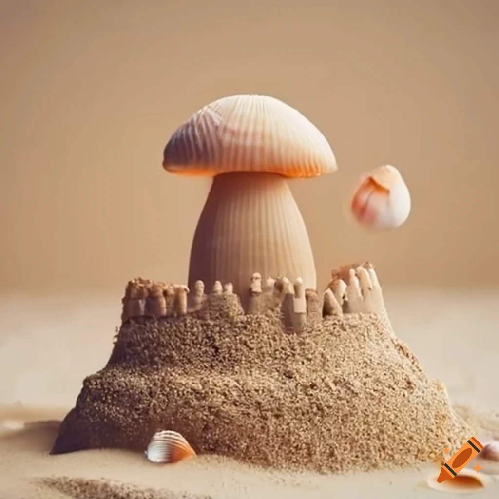 Beige sand castle in mushroom shape and shells on sand beach