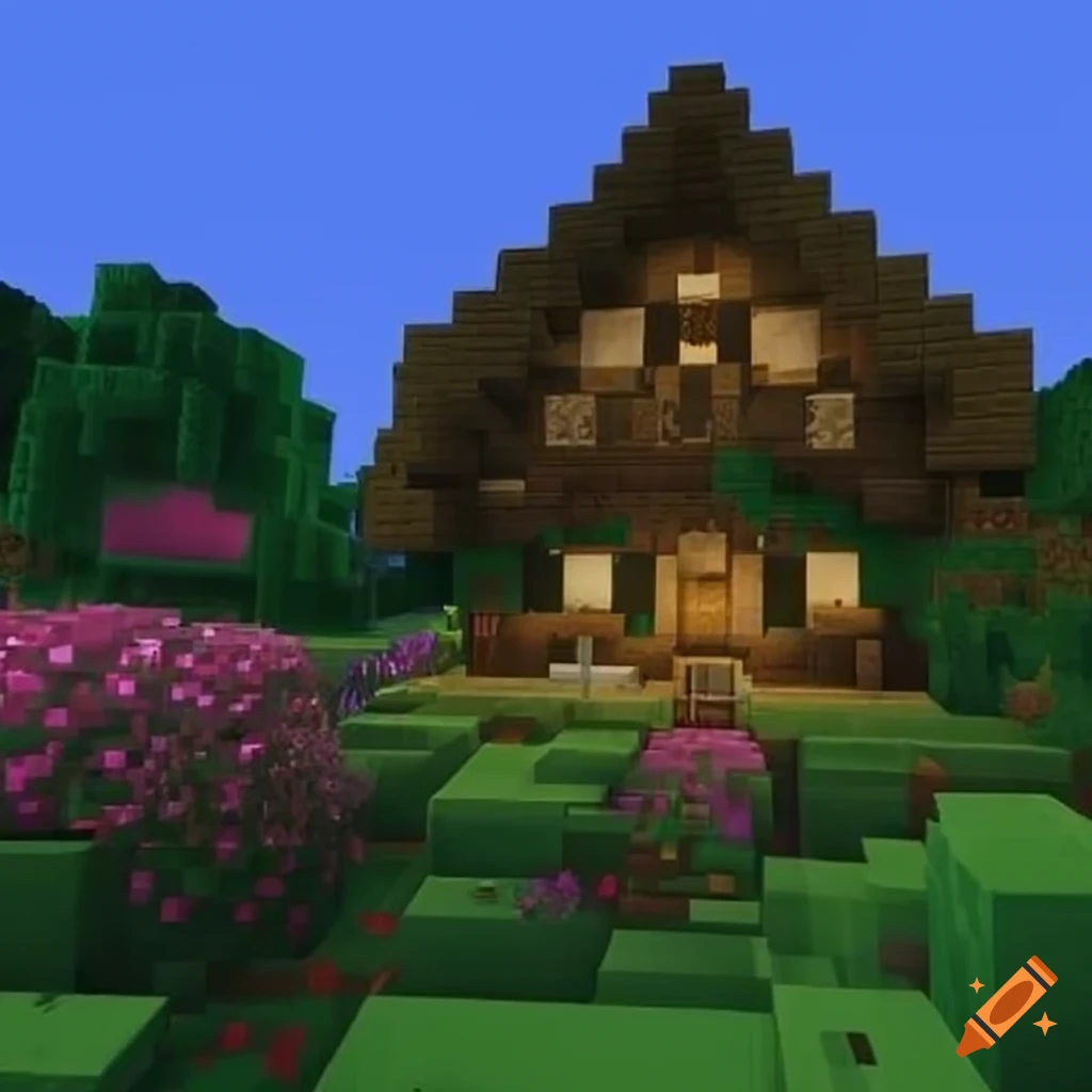 Cozy minecraft cottage surrounded by blooming flowers and lush greenery