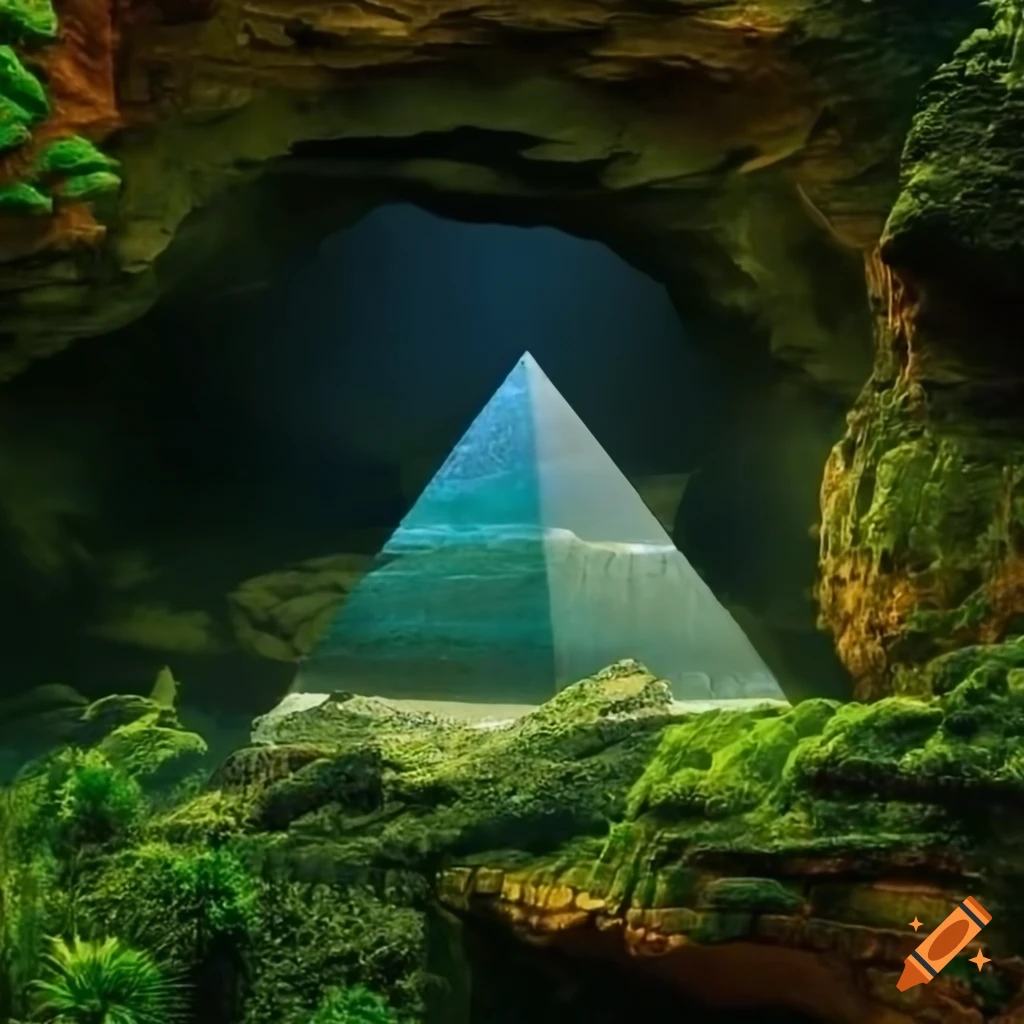 Theater piece showing a black pyramid surrounded by vegetation, water ...