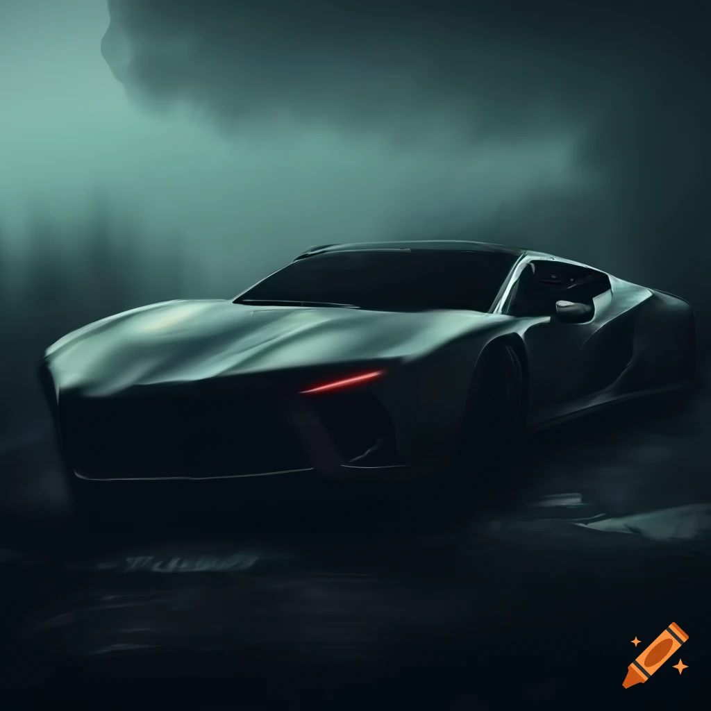 Dark GT car in a haunting landscape, modernist horror artwork ...
