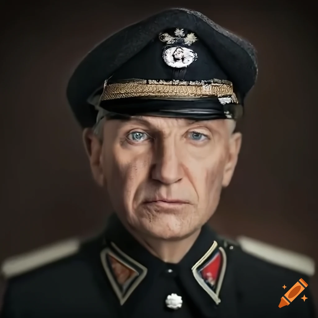German commander, serius face, black eyebrows, black hair, hat, blu ...