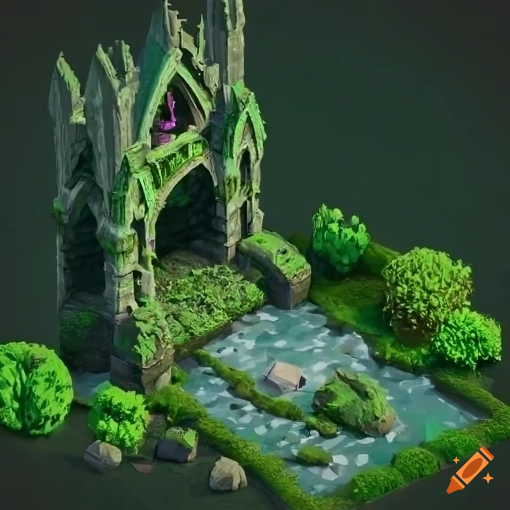 A moss-covered stone ruins in a fantasy RPG game forest fantasy grass ...
